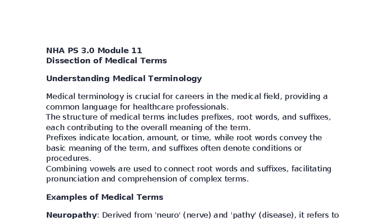 NHA PS 3.0 Module 11 Study Guide: Understanding Medical Terminology ...