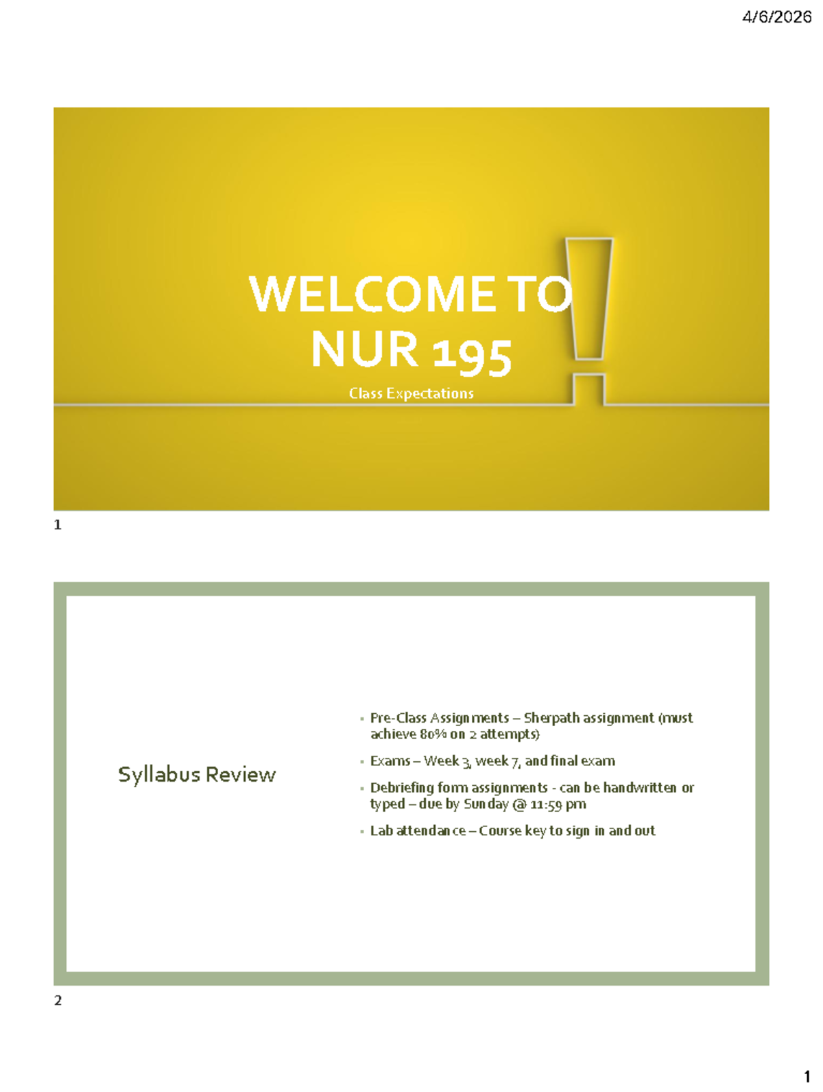 NUR 195 Leadership Lecture Week 1: Class Expectations & Skills - Studocu