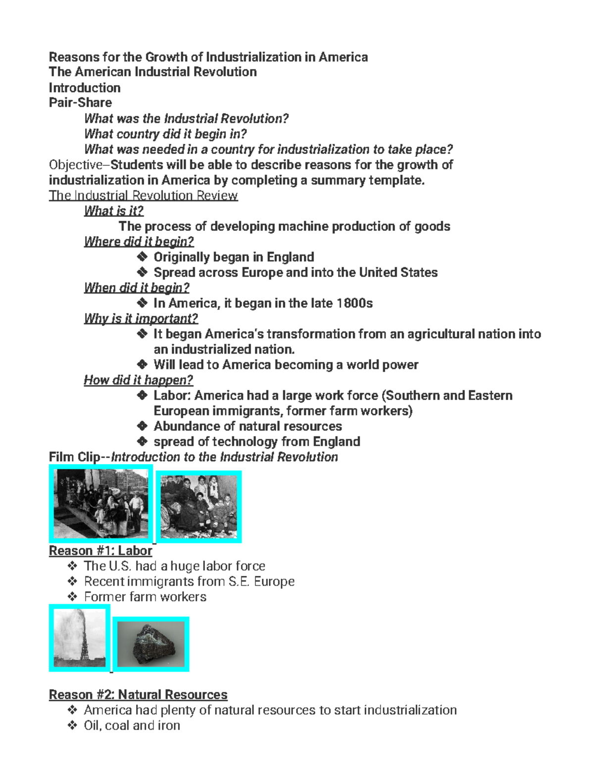 USHist Notes Nov20 - Reasons for the Growth of Industrialization in ...