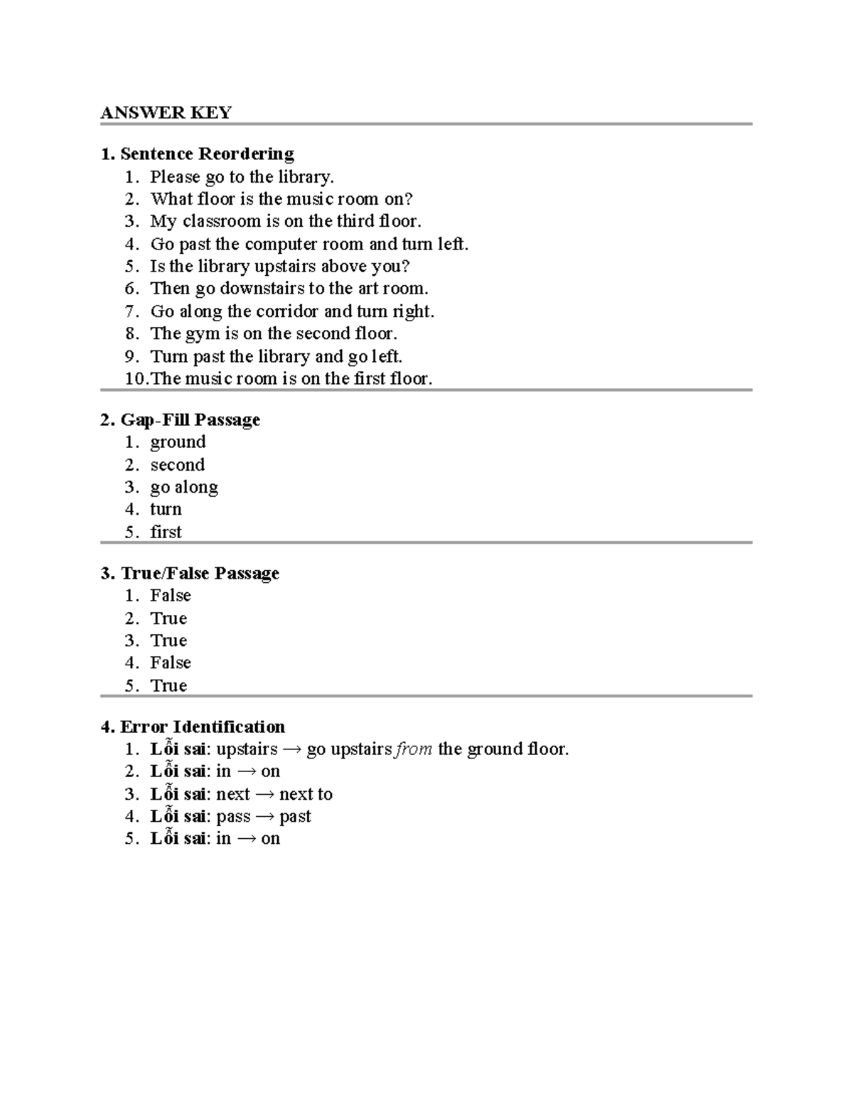 ANSWER KEY: Sentence Reordering & Error Identification for Lớp 5 - Studocu