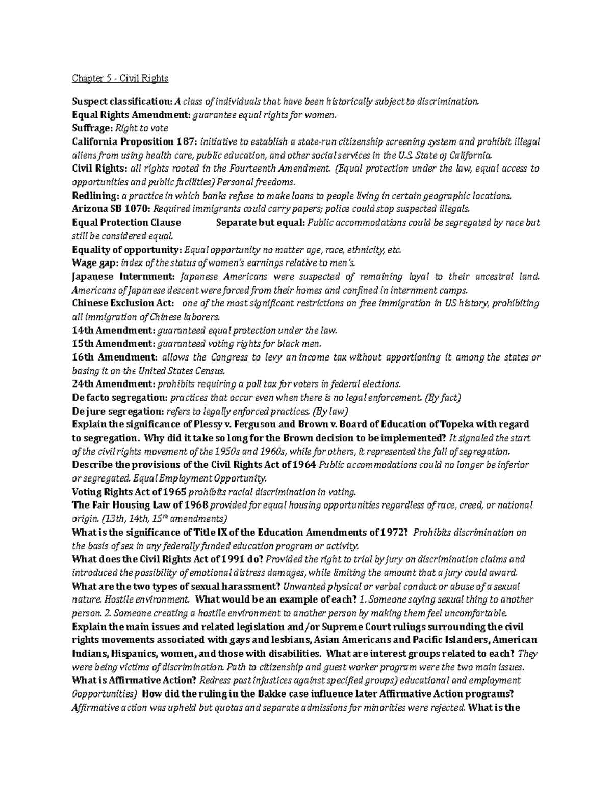 TEST 2 Study Sheet - Chapter 5 Civil Rights Suspect classification: A ...