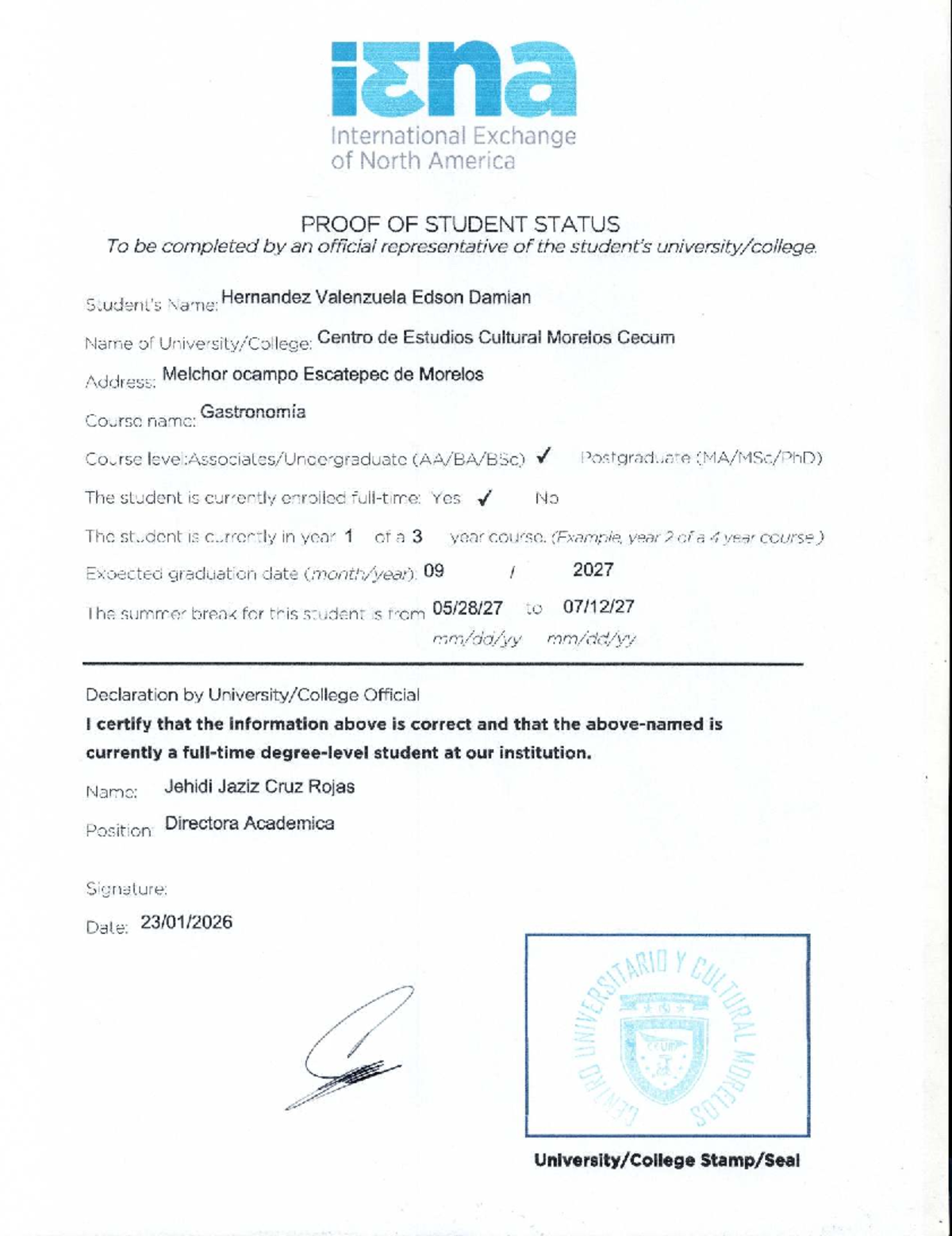 Proof of Student Status - Gastronomía Postgraduate Program - Studocu