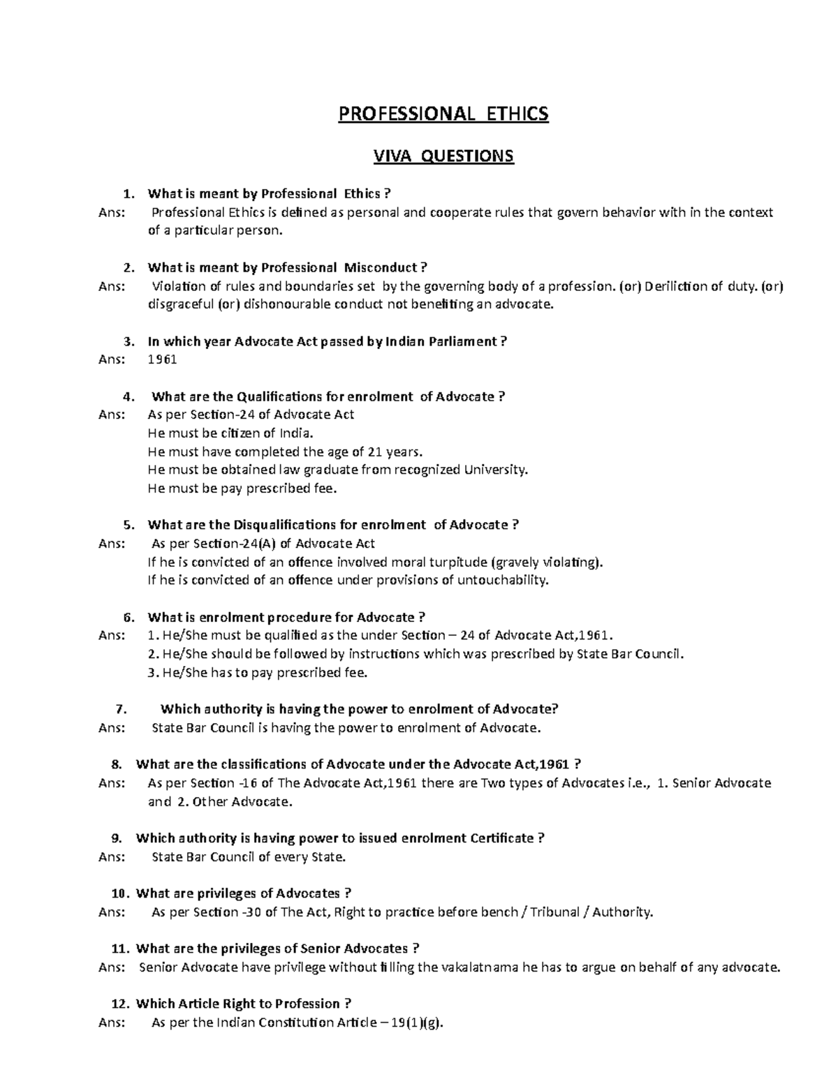 Ethics VIVA Questions for LAW 101: Professional Conduct & Misconduct ...