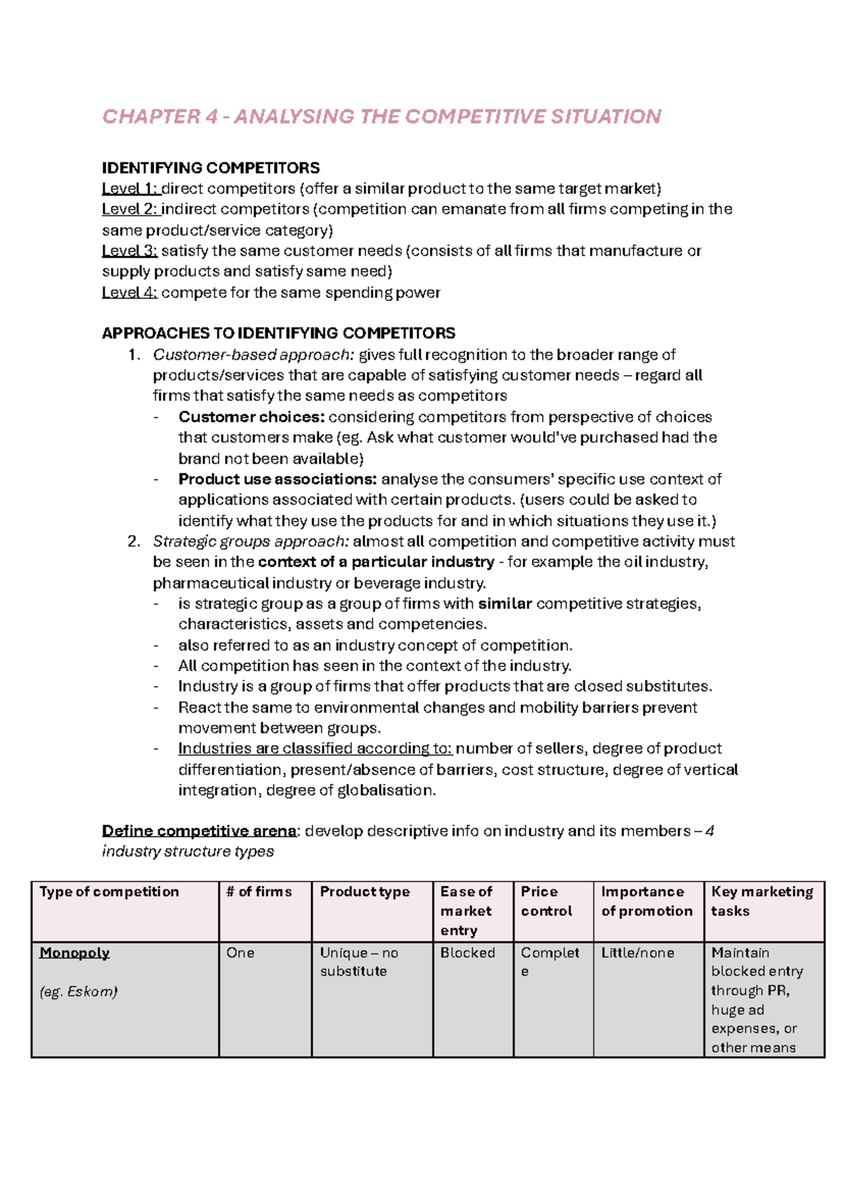 Chapter 4 - Notes for marketing management 214 - CHAPTER 4 - ANALYSING ...