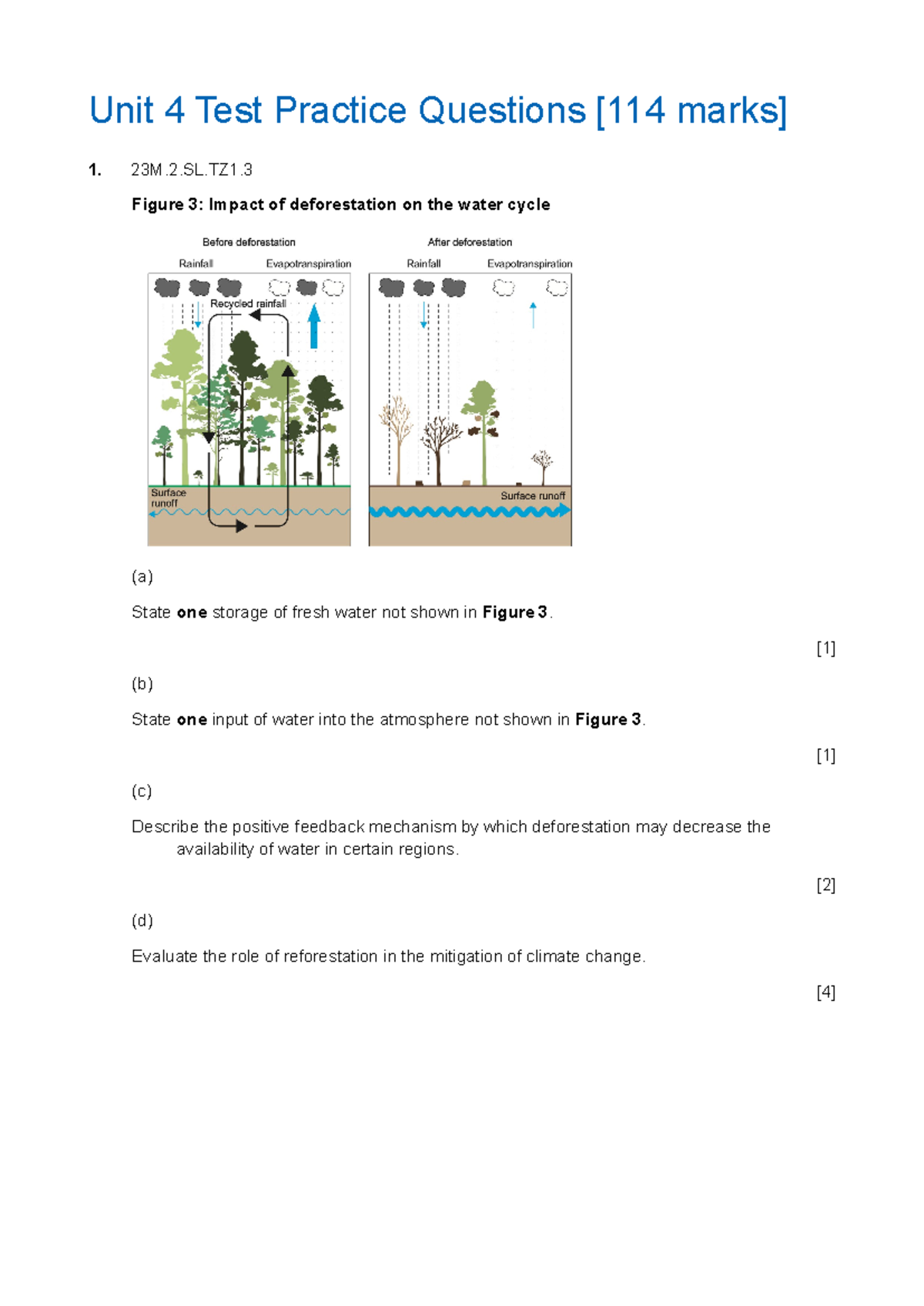 Unit 4 Test Practice Questions: Water Cycle & Environmental Impact ...