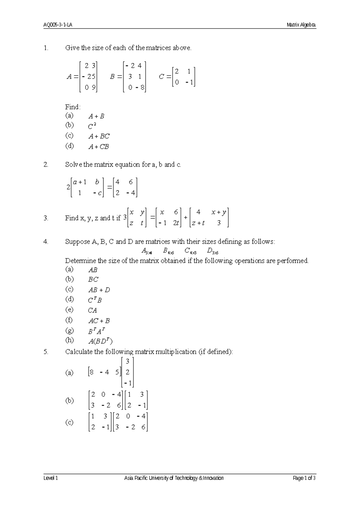 T3 Matrix Algebra: Size, Operations, and Inverses - Studocu