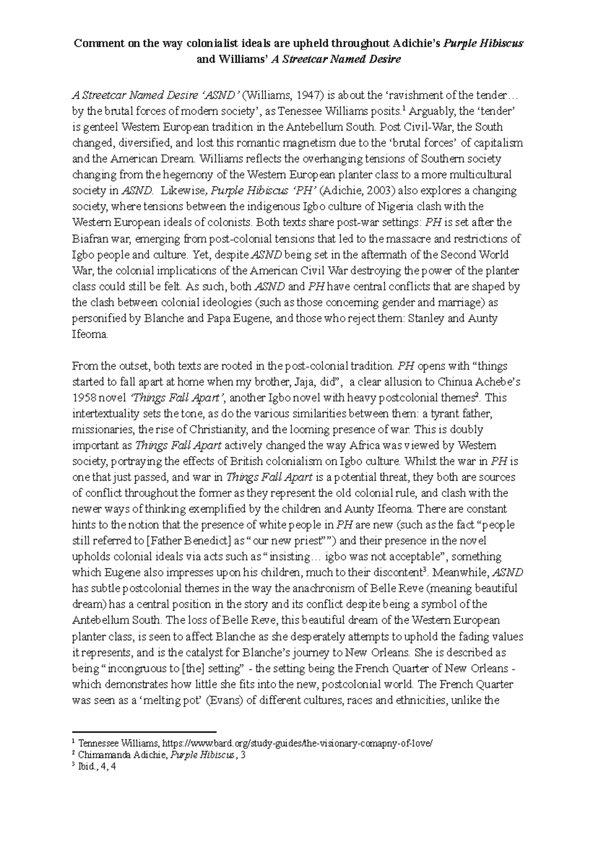 Colonialist Ideals in Purple Hibiscus and A Streetcar Named Desire (NEA ...