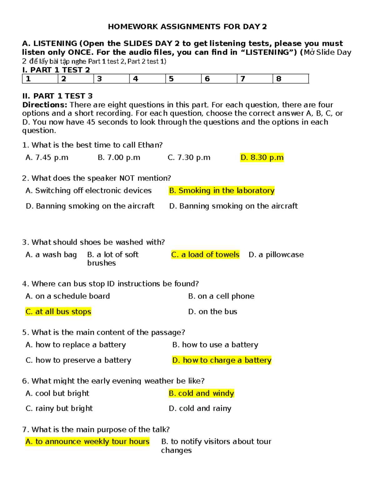 Homework Assignments for Day 2: Listening, Vocabulary, Speaking ...