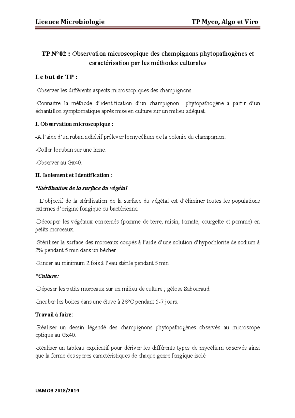 TP N 2 mycologie - Cours - Licence Microbiologie TP Myco, Algo et Viro TP N°02 : Observation ...