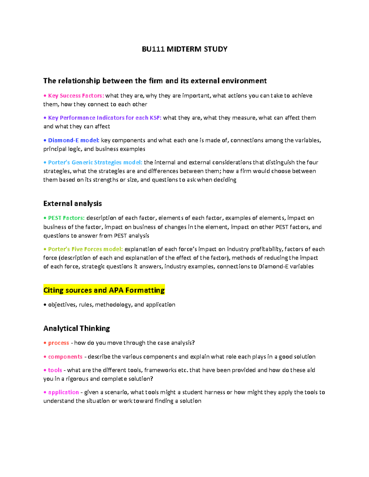 BU 111 Study Sheet Midterm Copy - BU111 MIDTERM STUDY The relationship ...