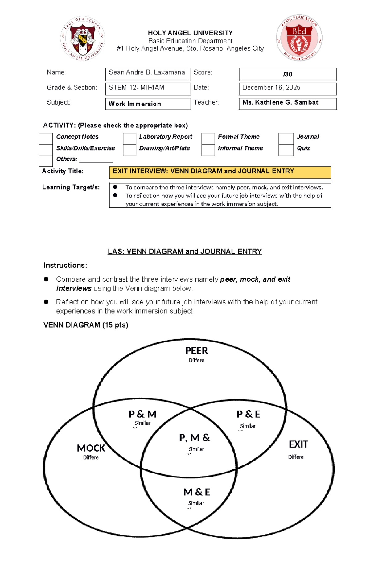 STEM MIRIAM Work Immersion: Exit Interview Venn Diagram & Journal Entry ...