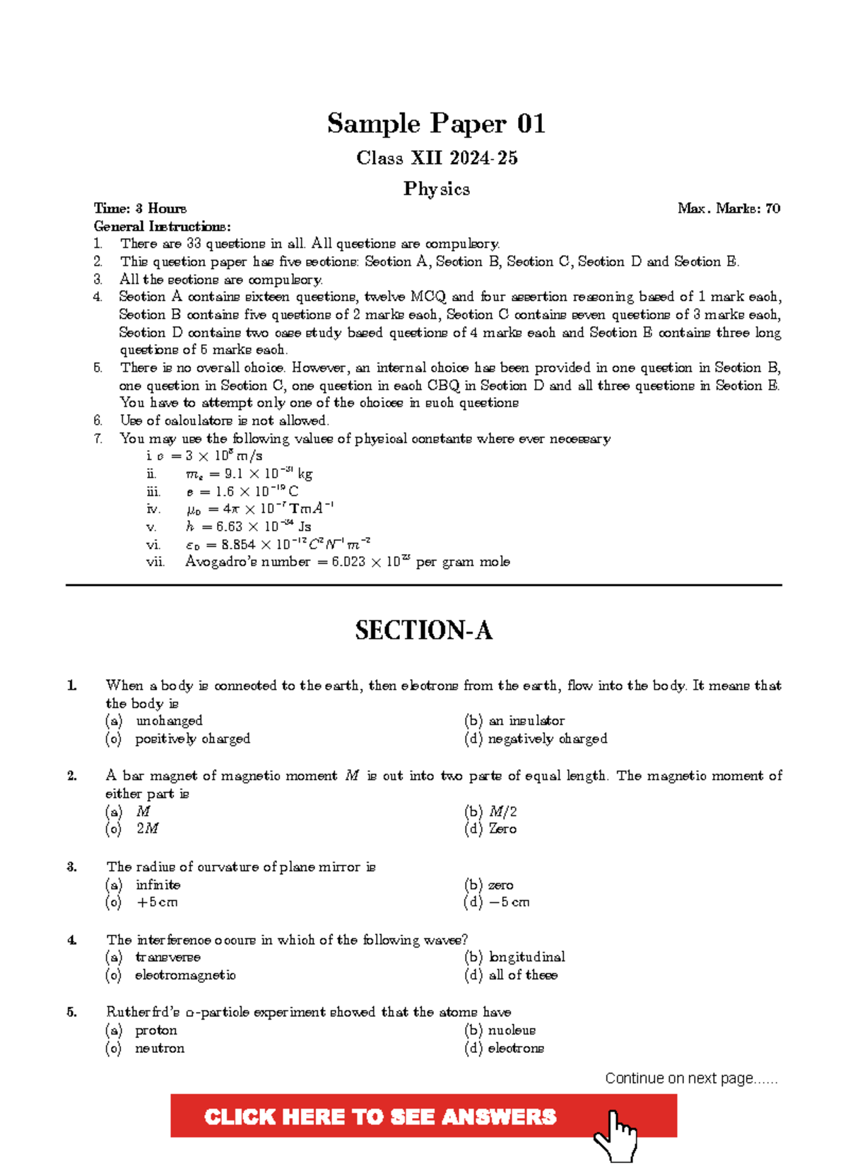 CBSE Class XII Physics Sample Paper 01 (2024) with Marking Scheme - Studocu