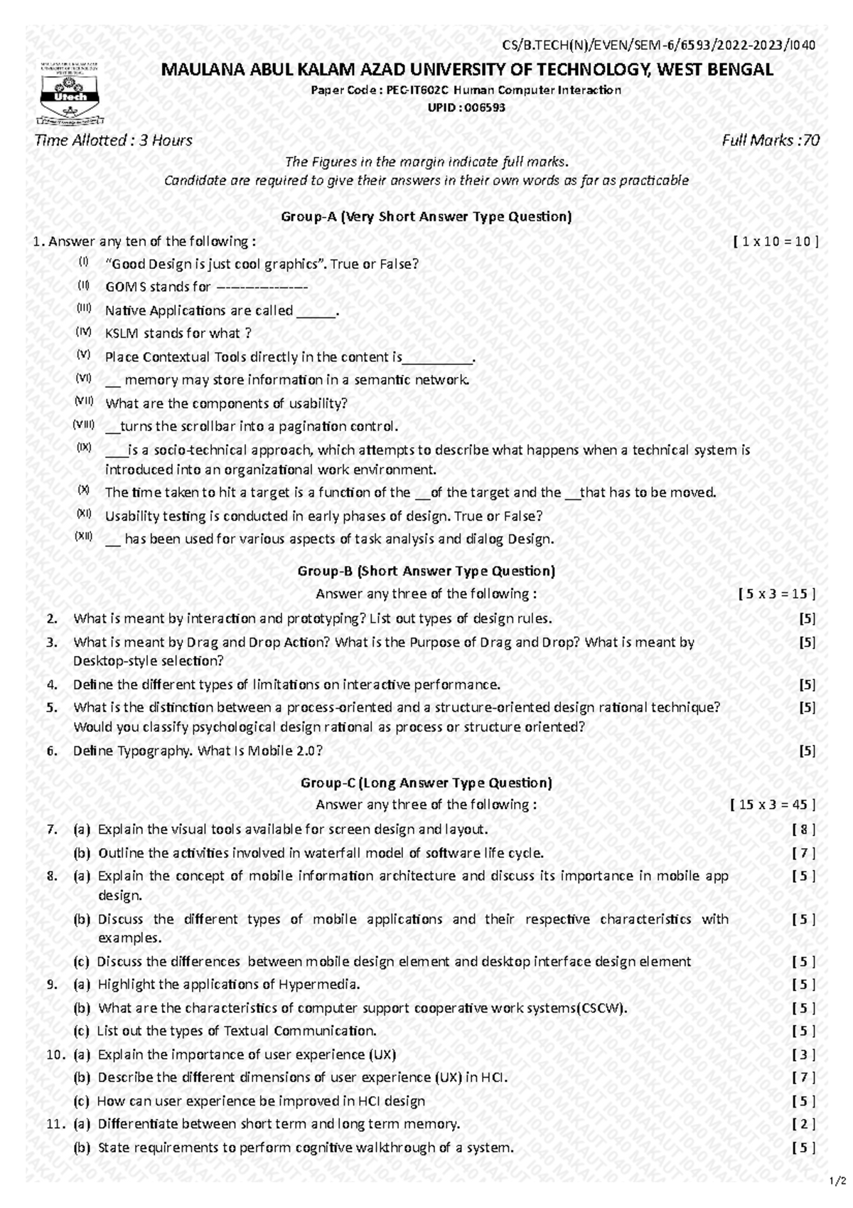Human Computer Interaction (PEC-IT602C) 6593 I040 - 1/ CS/B(N)/EVEN/SEM ...