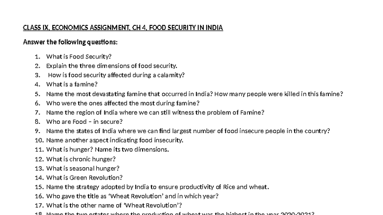 CLASS IX ECO ASSIGNMENT: FOOD SECURITY IN INDIA - CH 4 - Studocu