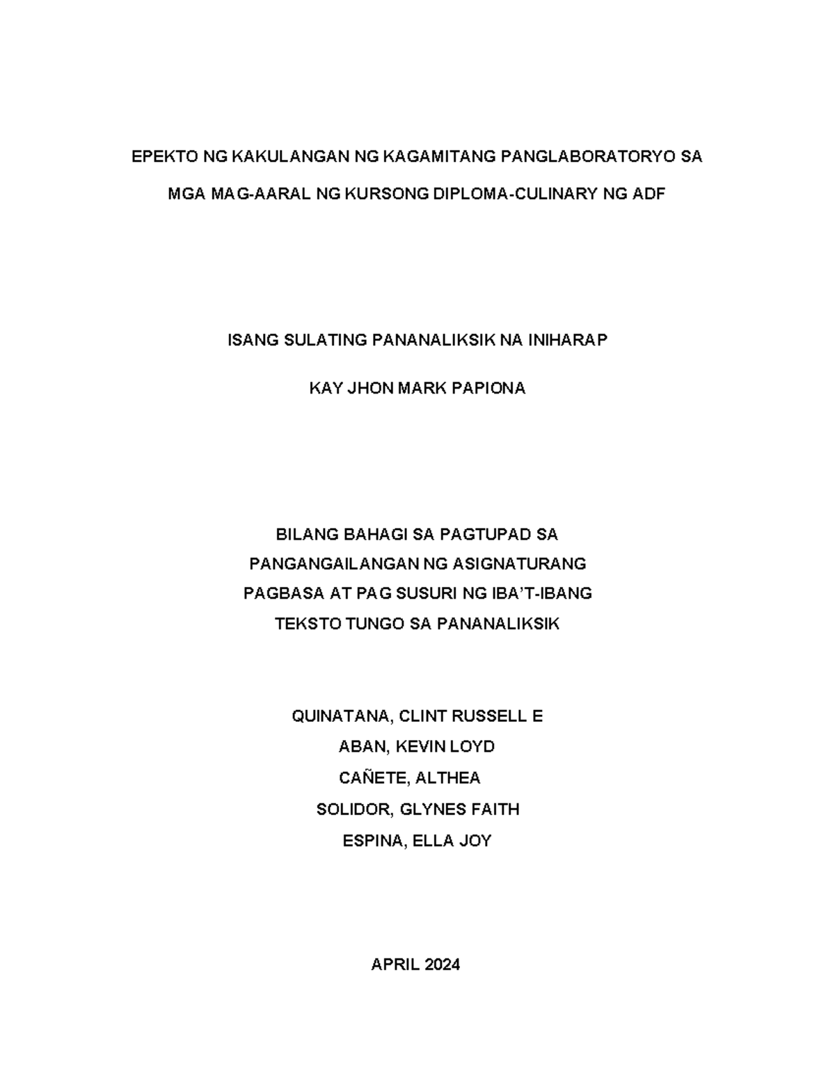 Epekto ng Kakulangan ng Kagamitan sa mga Mag-aaral ng Diploma-Culinary - Studocu