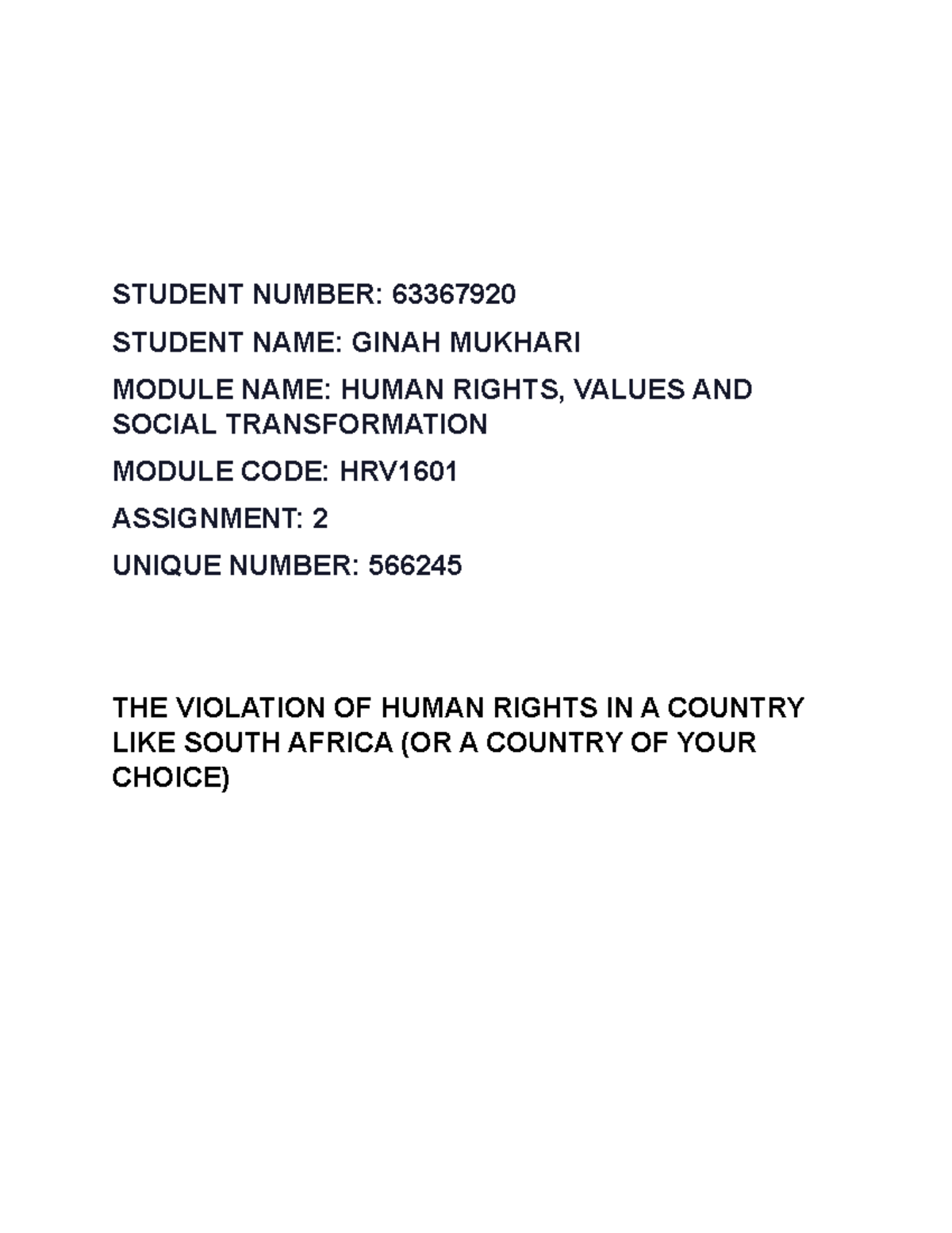 HRV1601 - HUMAN RIGHTS VIOLATIONS IN SOUTH AFRICA: ASSIGNMENT 2 - Studocu