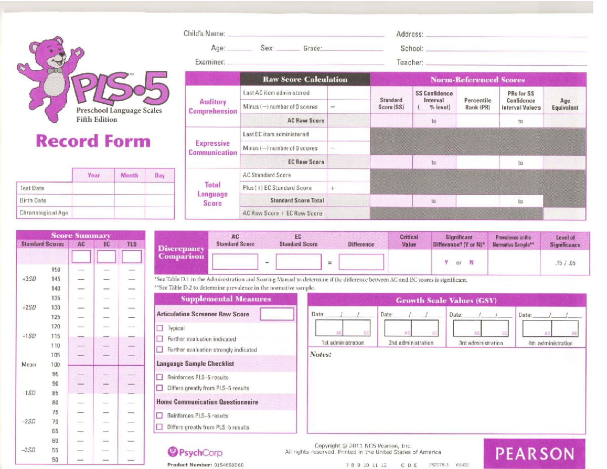 PLS.5 Raw Score Calculation and Language Assessment Guide - Studocu