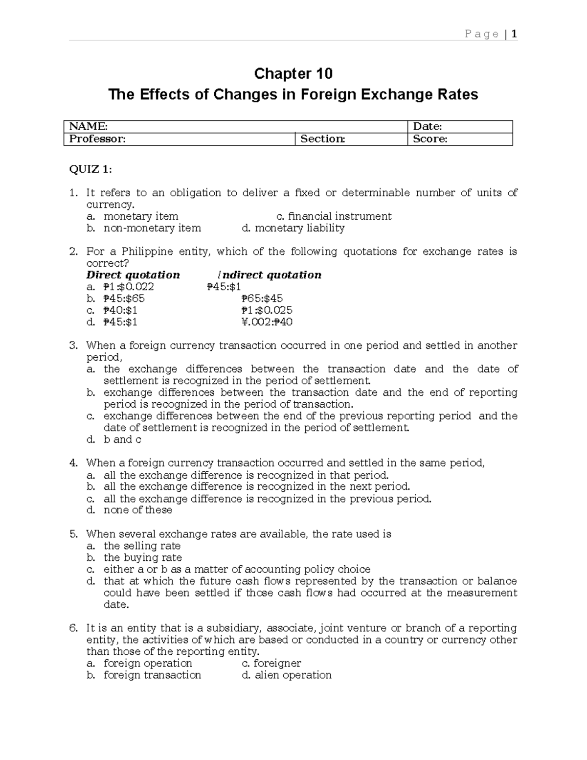 QUIZ 1 and 2: Effects of Changes in Foreign Exchange Rates (Chapter 10 ...