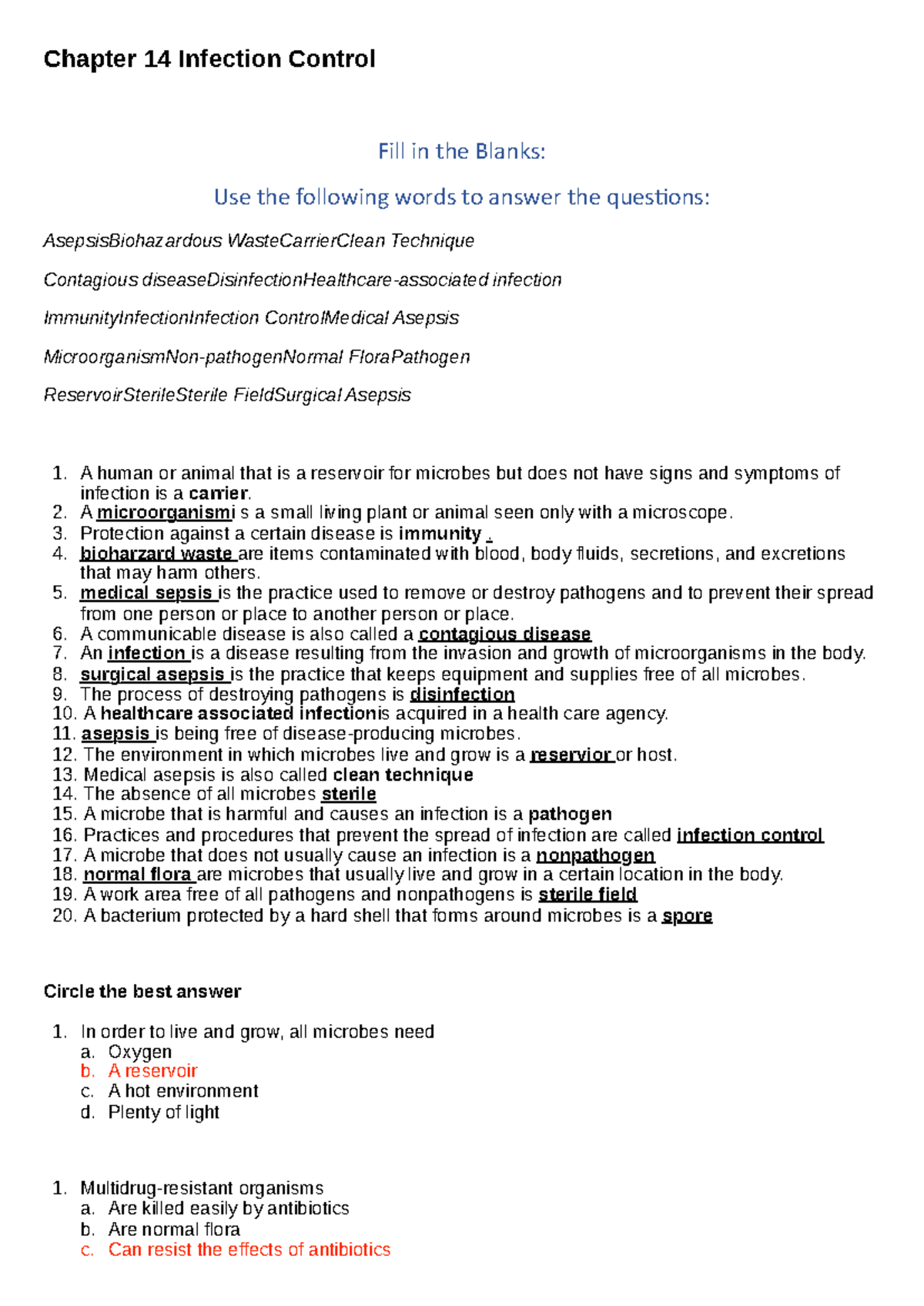 Chpt 14 Infection Control: Fill in the Blanks & Key Concepts - Studocu