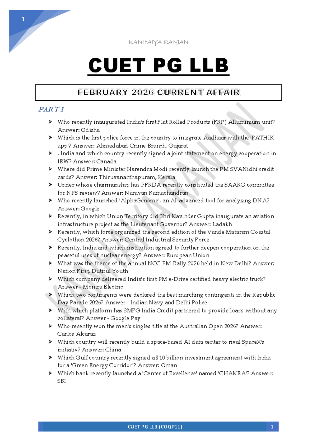 CUET PG LLB (COQP11) Current Affairs Summary - February 26, 2026 - Studocu