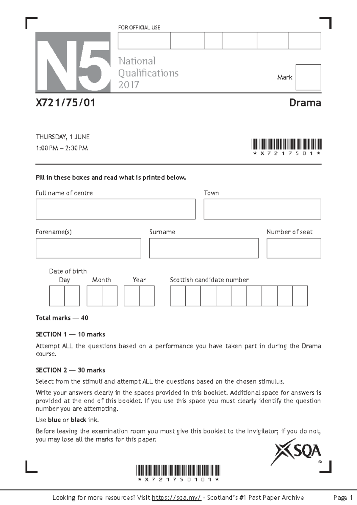N5 Drama 2017 Exam Paper - Official Use Only - Studocu