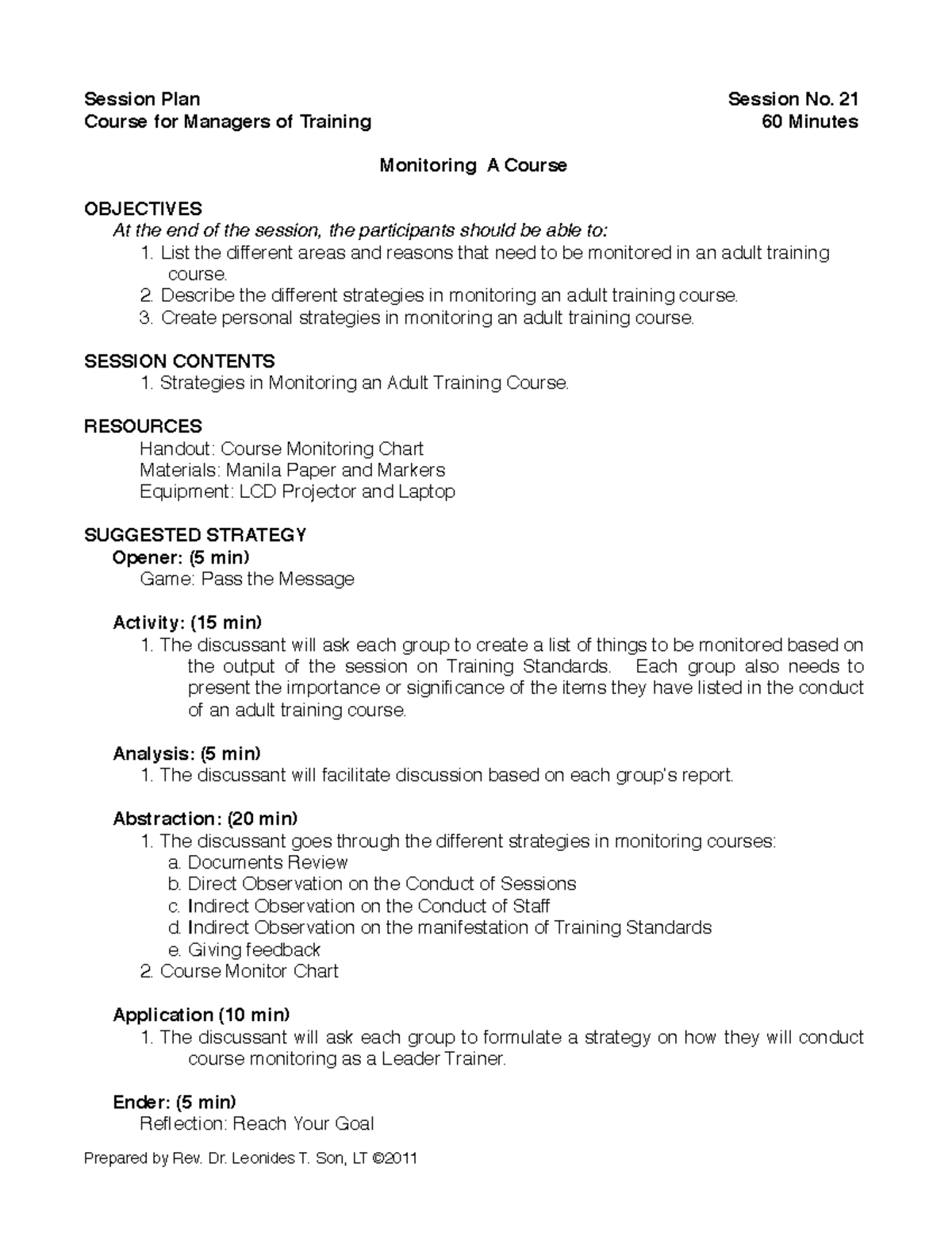 Session Plan: Monitoring a Course (Session 21) for Managers of Training ...
