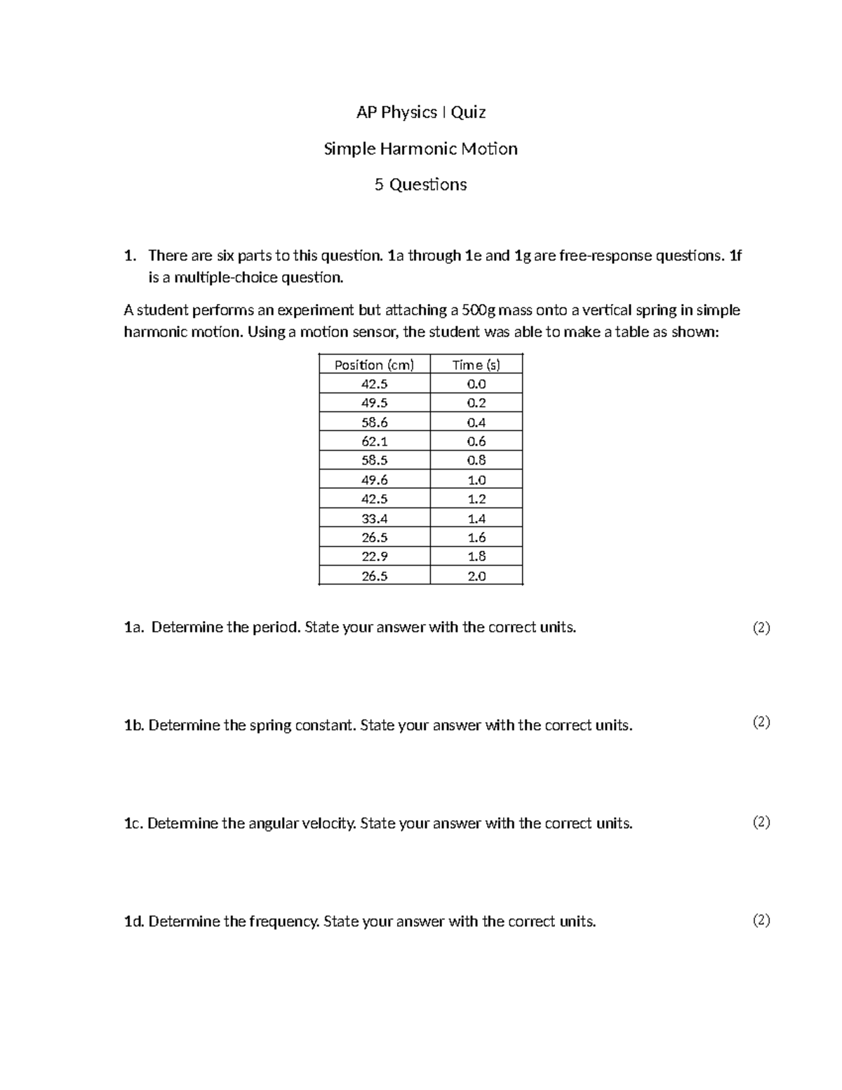 AP Physics I Quiz: Simple Harmonic Motion Analysis and Questions - Studocu
