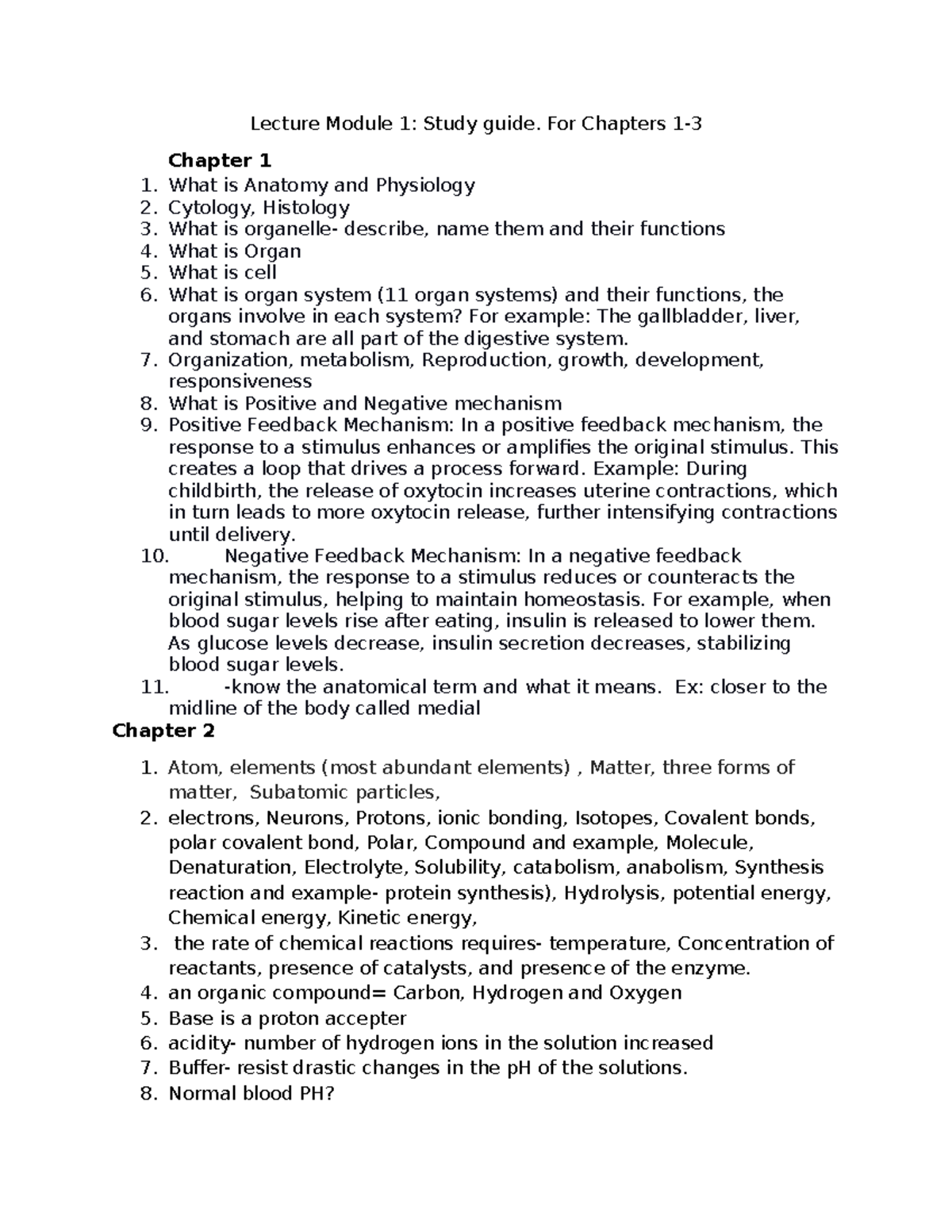 Lecture Module 1: Anatomy & Physiology Study Guide - Studocu