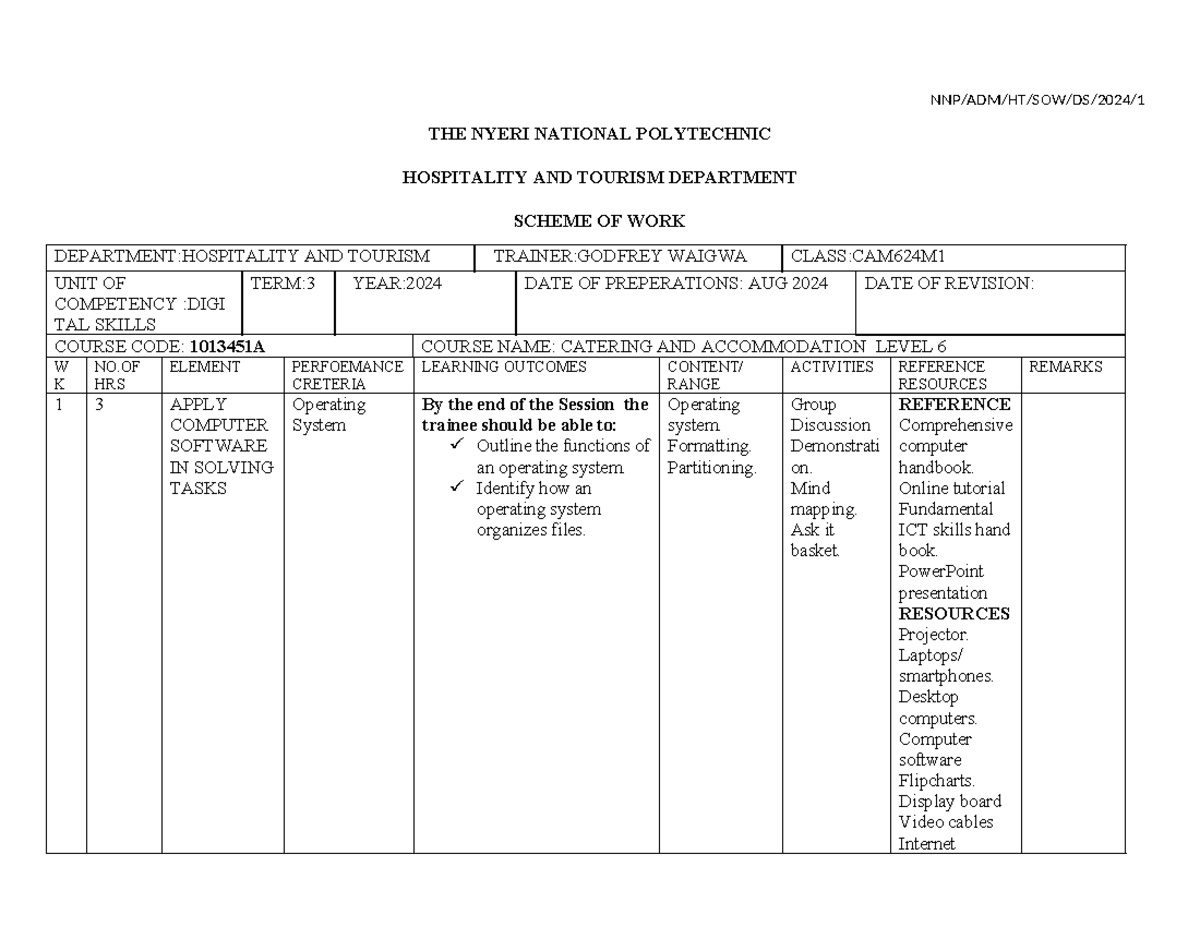 CAM624M1 - Scheme of Work for Catering and Accommodation Level 6 - Studocu