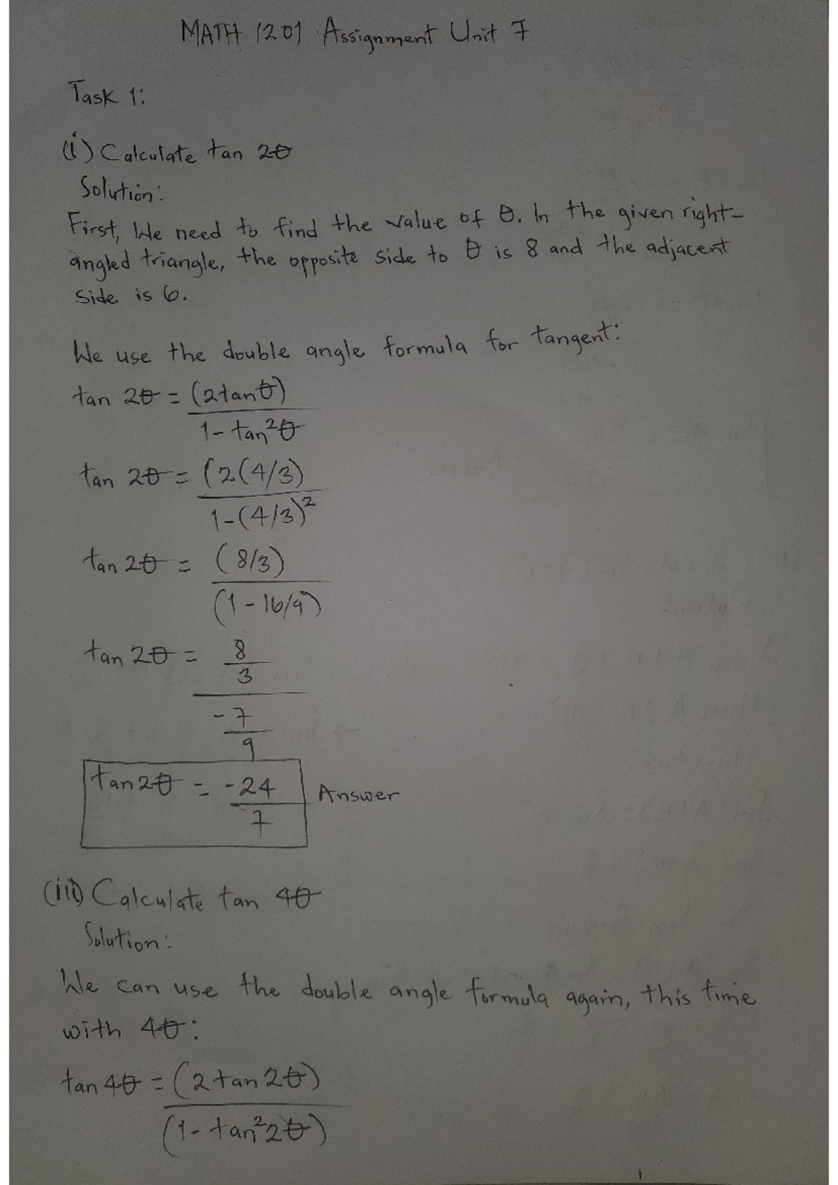 Math 1201 Assignment Unit 7 - MATH 1201 Assignment Unit 7 Task 1: (i ...