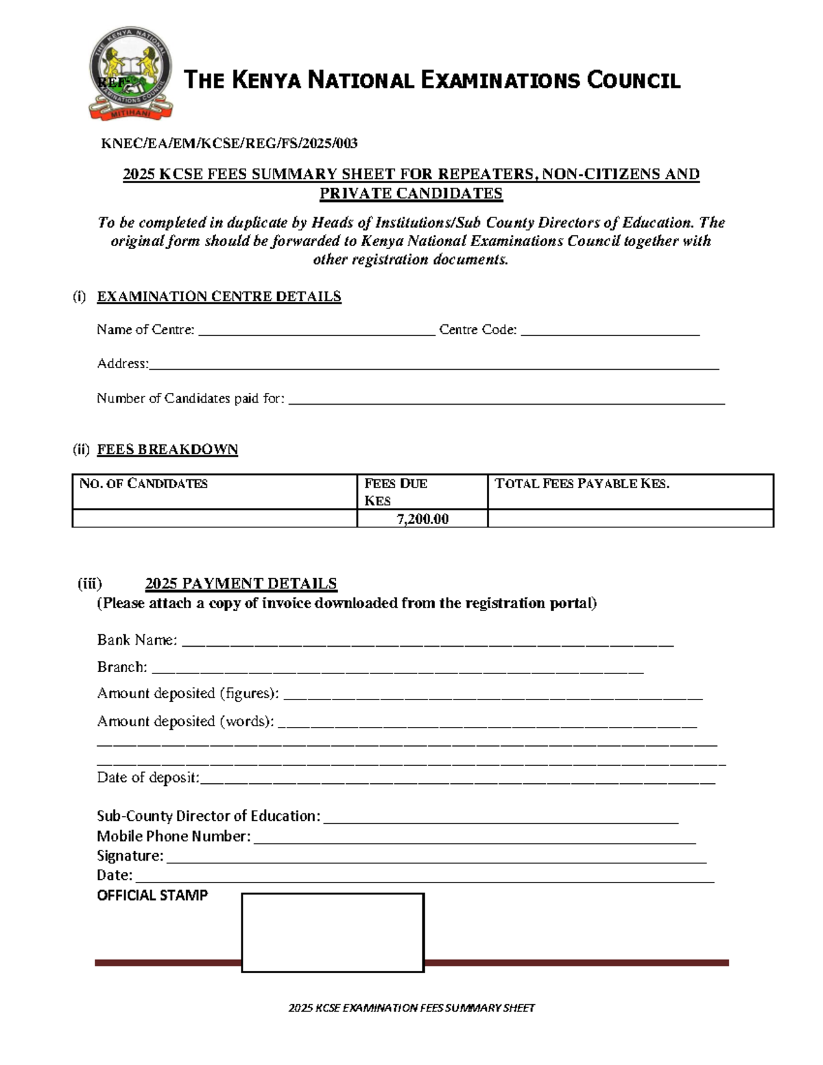 2025 KCSE Fees Summary Sheet for Repeaters & Private Candidates - Studocu