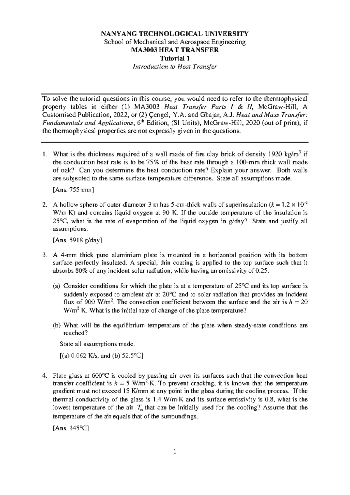 Tutorial 1 - MA3003 Heat Transfer: Introduction & Problem Solving - Studocu