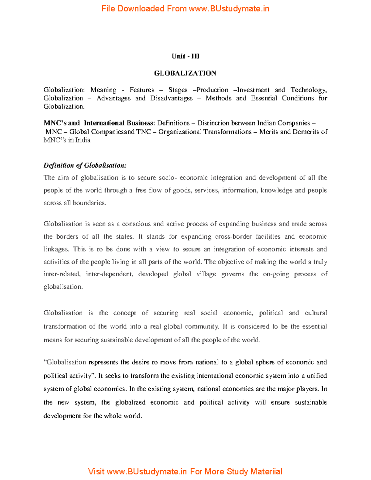 IB BBA UNIT III - Comprehensive Notes on Globalization and MNCs - Studocu