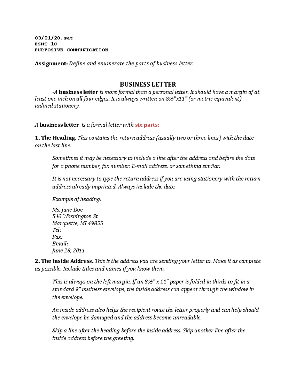 BSMT 1C: Essential Parts of a Business Letter - Purposive Comm. Guide ...