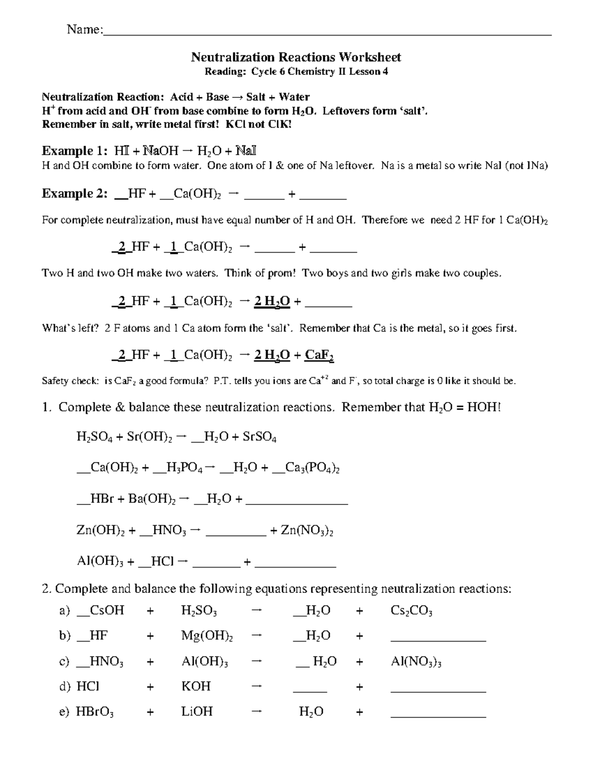 Neutralization Reactions WS with instructions - - Studocu