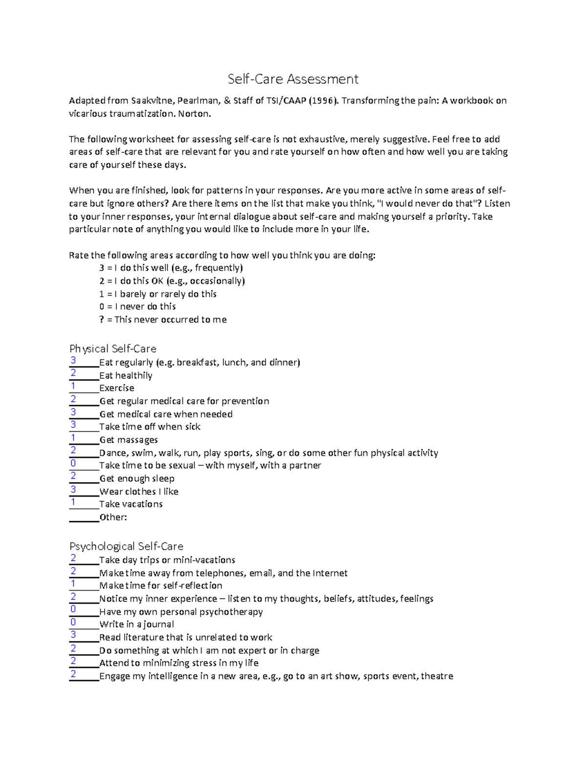 Self-Care Assessment Worksheet: A Comprehensive Guide - Studocu
