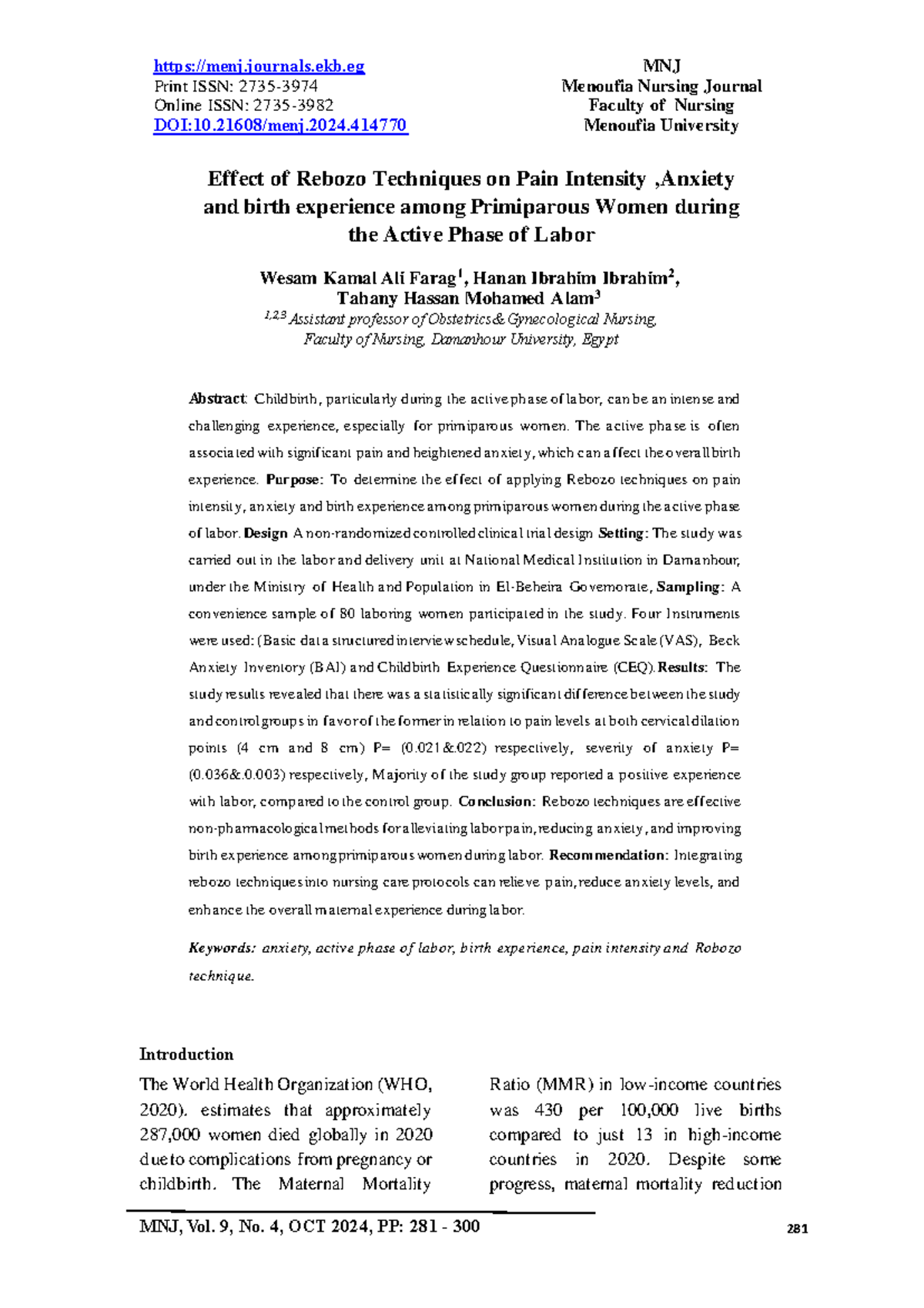 Effect of Rebozo Techniques on Pain, Anxiety, and Birth Experience in ...