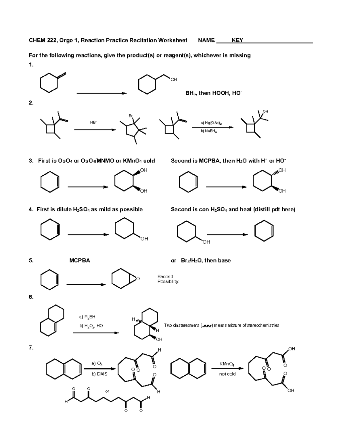 CHEM 222 Orgo 1 Reaction Practice Recitation Worksheet KEY F22 - Studocu