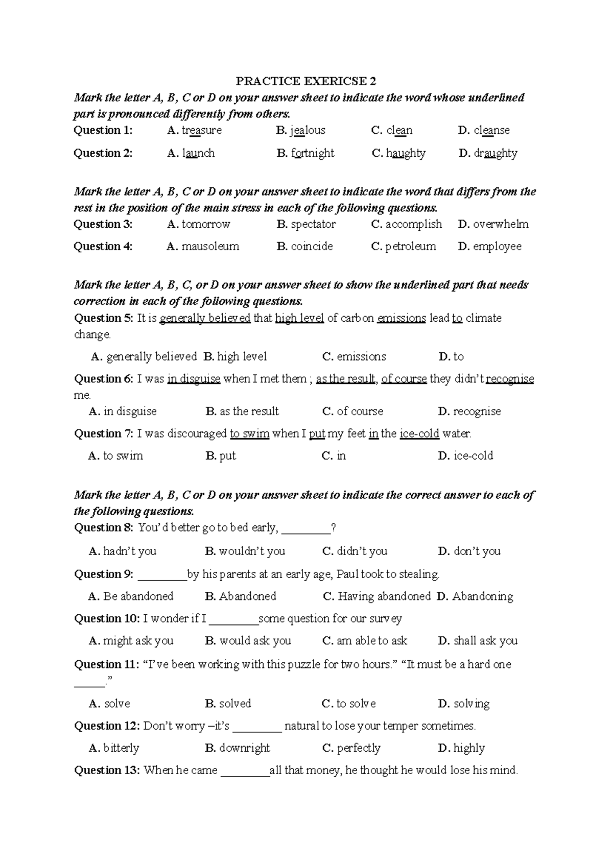 Practice Exercise 2 - Pronunciation & Vocabulary Questions - Studocu
