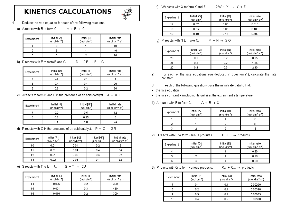Kinetics Calculations: Rate Equations and Constants Analysis - Studocu