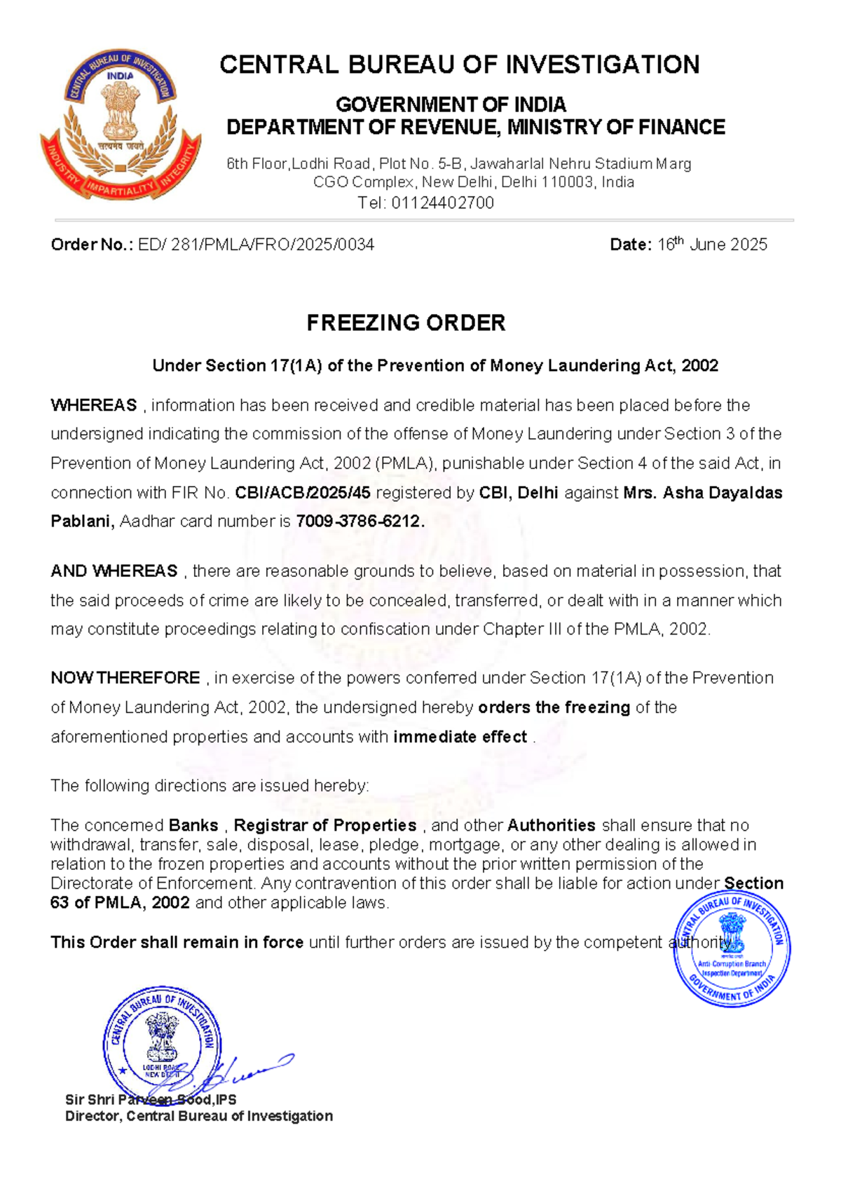 Freezing Order Under PMLA, 2002 - CBI Order No. Dated 16th June 2025 ...