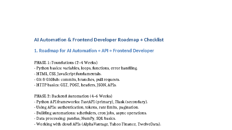 AI Automation Frontend Developer Roadmap Checklist - Studocu