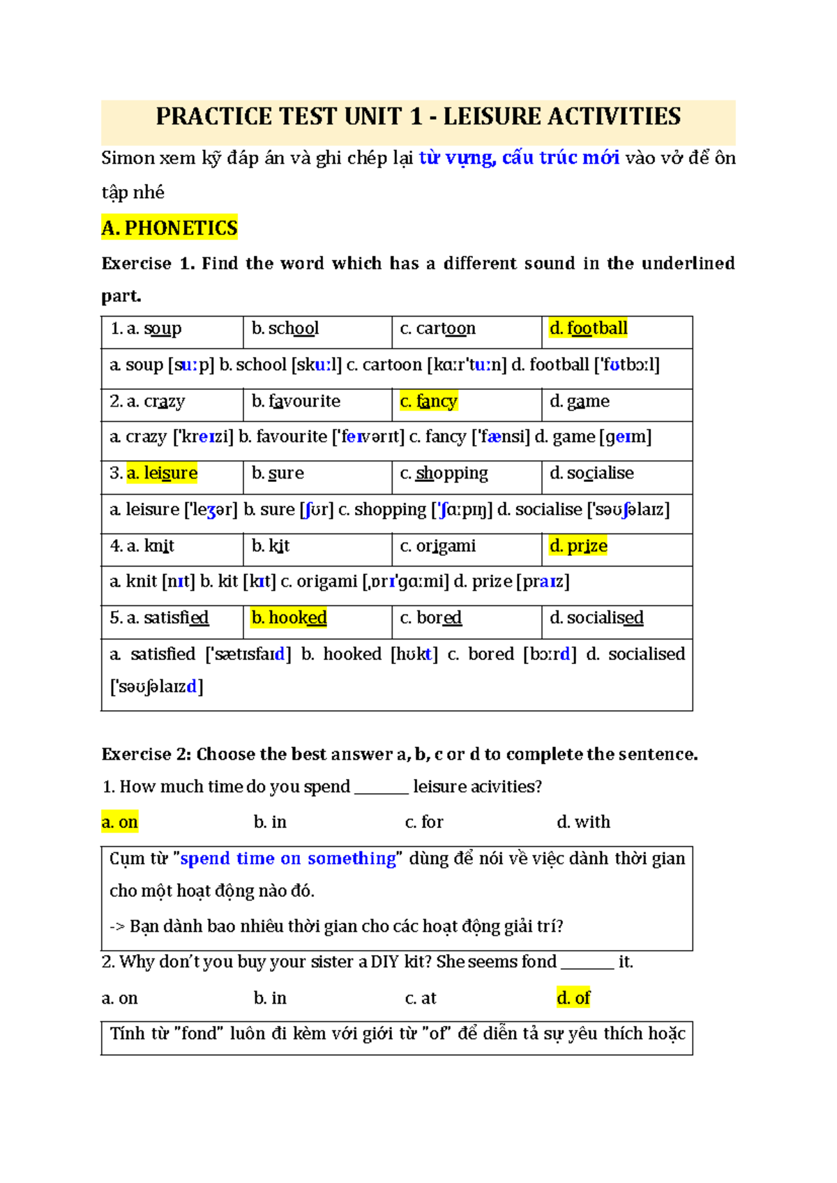 KEY Practice TEST UNIT 1 - PRACTICE TEST UNIT 1 - LEISURE ACTIVITIES ...