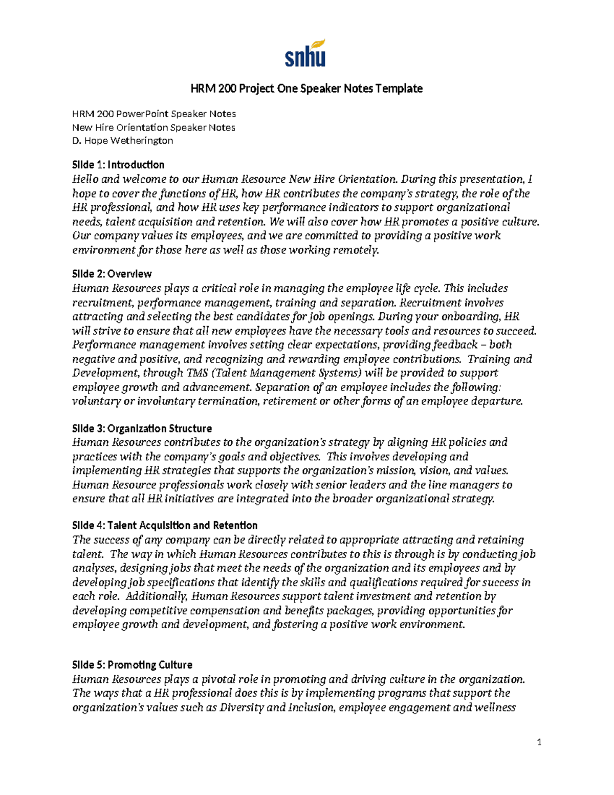 HRM 200 New Hire Orientation Speaker Notes Overview and Insights - Studocu