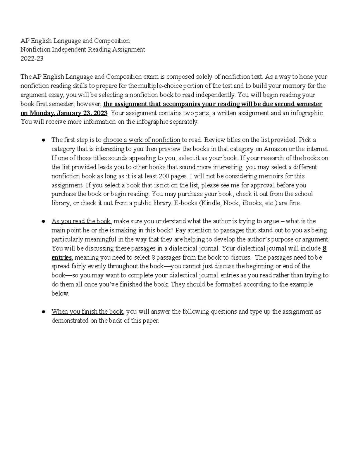 AP English Language & Composition Nonfiction Reading Assignment 2022-23 ...