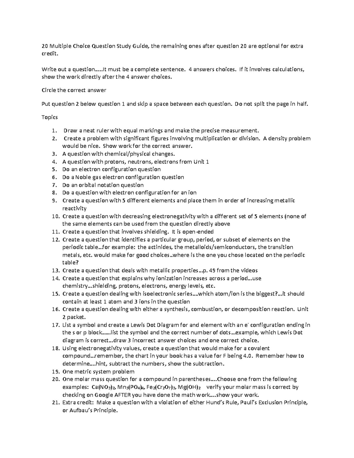 Chemistry 101: MCQ Study Guide for Extra Credit Opportunities - Studocu