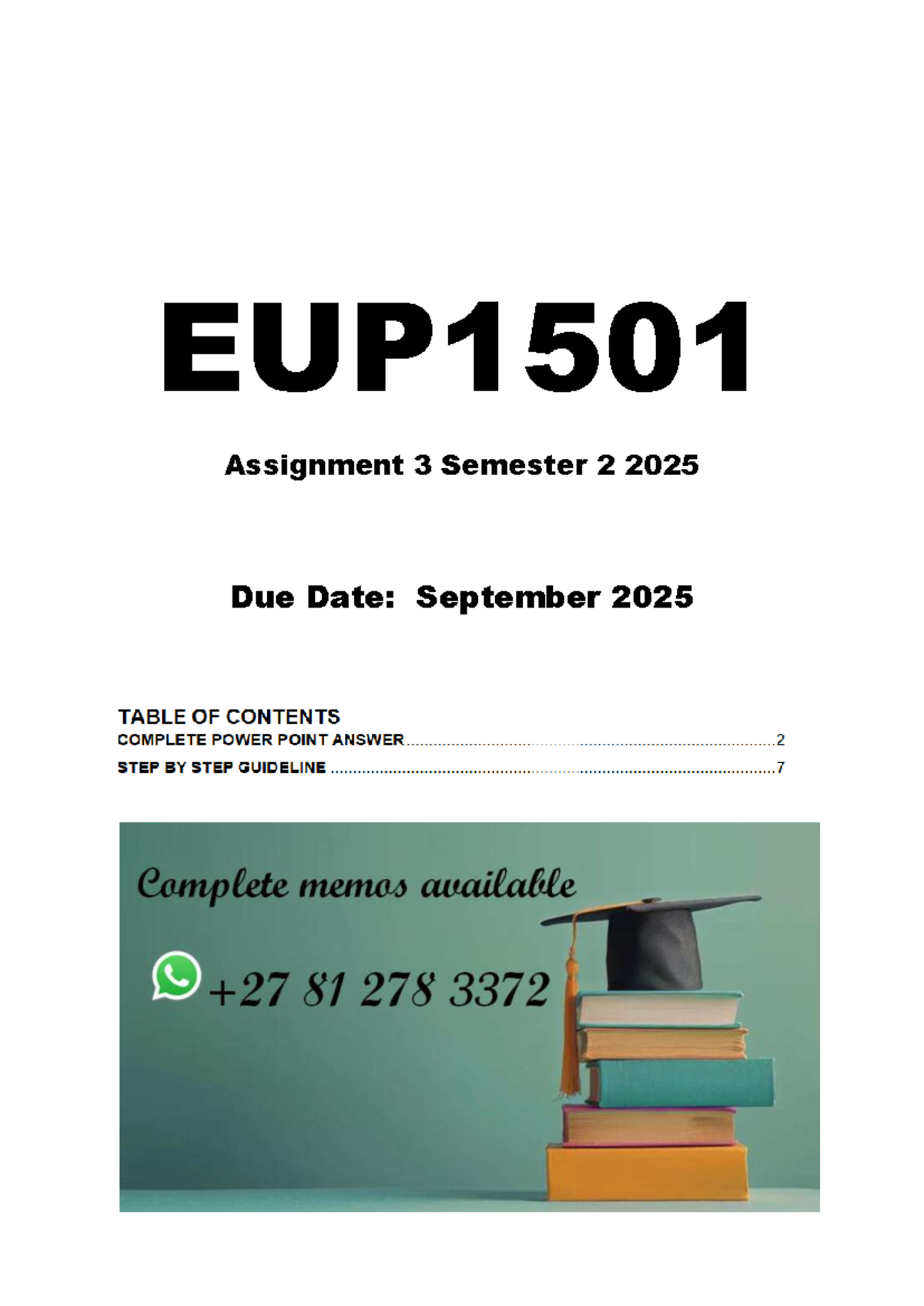 EUP1501 Assignment 3 Memo - Semester 2, 2025 - Studocu