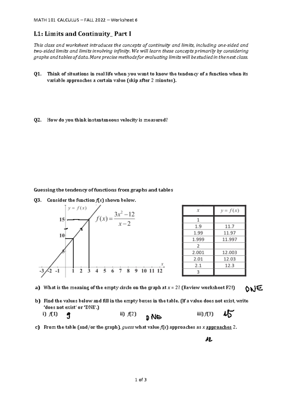 Week 3 L1 Limit - MATH 101 CALCULUS – FALL 2022 – Worksheet 6 1 of 3 L1 ...