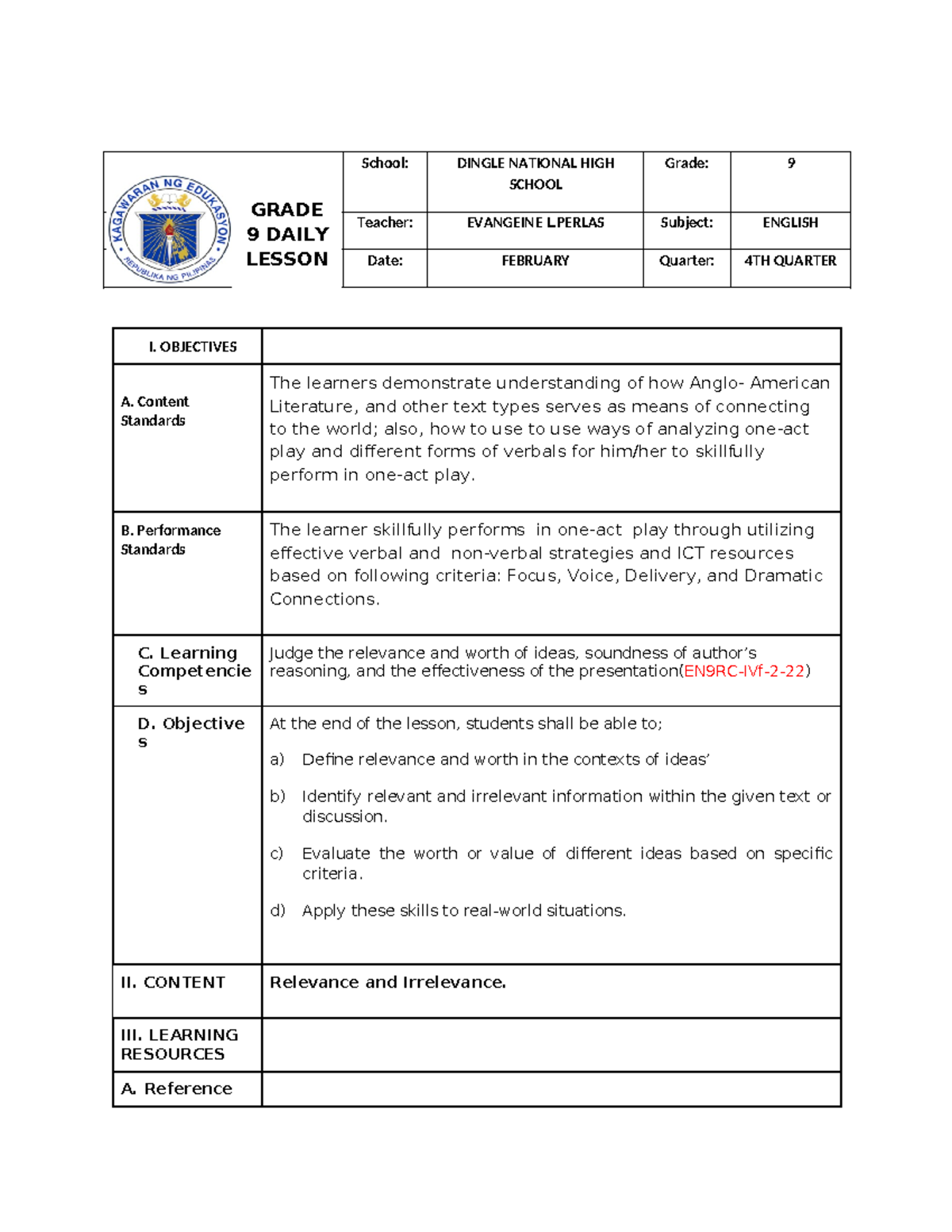 Detailed Lesson PLAN DAY ONE - Copy - School: DINGLE NATIONAL HIGH ...