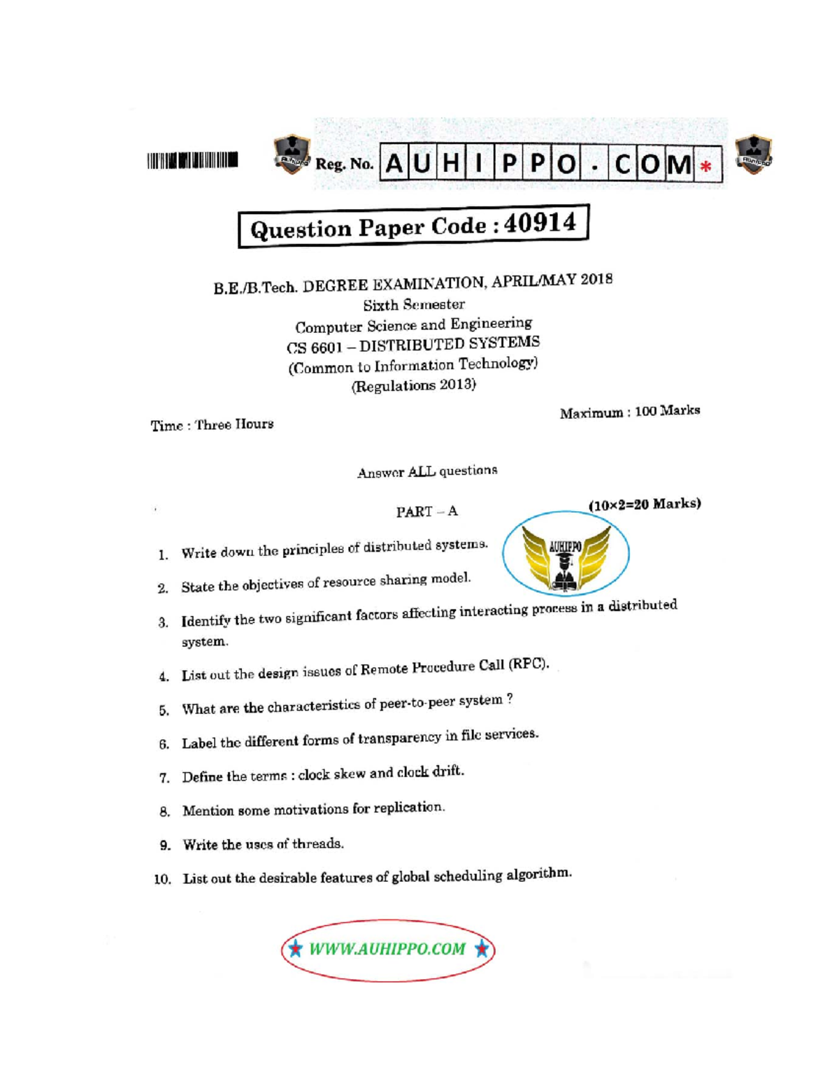 Cs 6601 Final Exam Question Paper Distributed Systems 2018 Studocu